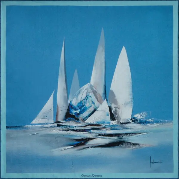 OTWAY & ORFORD Bird' Sailing Silk Pocket Square. Full-size - Blue
