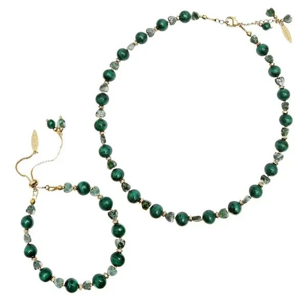 FARRA Malachite With Heart Shape Agate Choker Necklace And Bracelet Set - Green