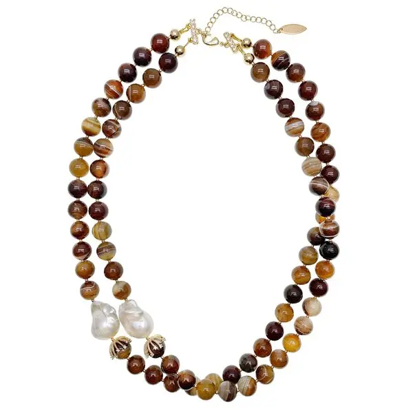 FARRA Agate With Baroque Pearls Double Layers Necklace - Brown