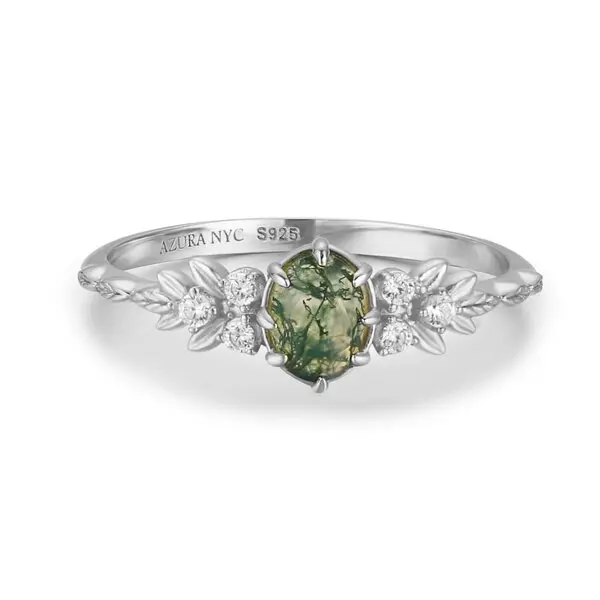 AZURA JEWELRY NEW YORK Wildflower Moss Agate Ring White Gold Vermeil - Silver