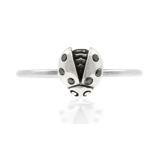 LEE RENEE Ladybird Black Diamond Ring Wings Open - Silver