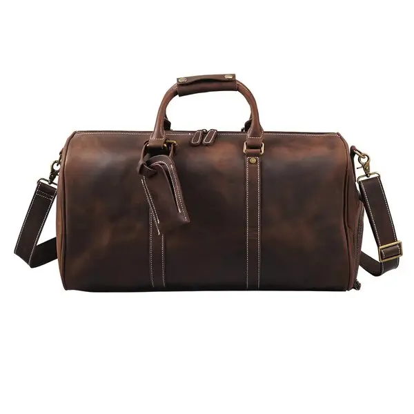 TOURI Leather Over Night Bag With Shoe Storage Dark - Brown