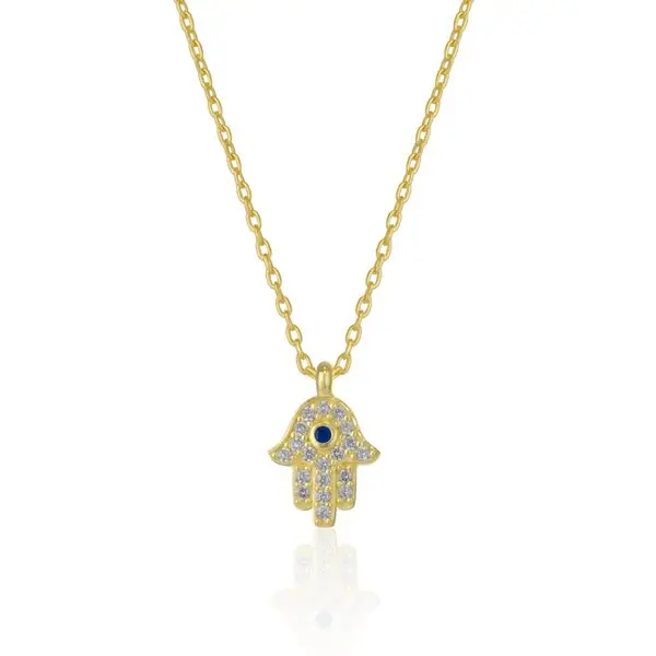 SPERO LONDON Hamsa Hand Necklace Sterling Silver With Blue Stone - Gold