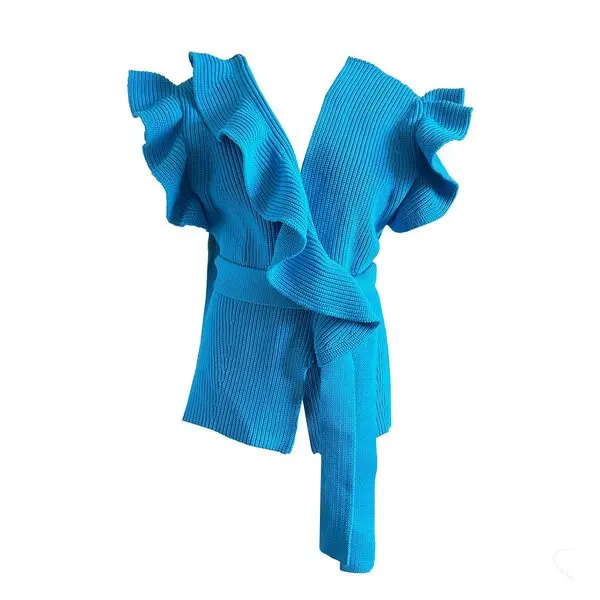 ARTO. Drama Queen Ruffles Knitted Vest Jacket Show Piece - Blue