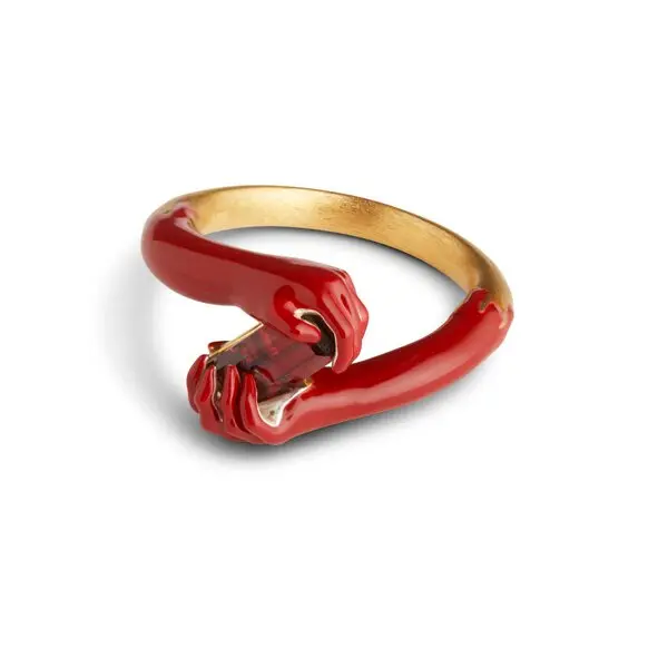 KASUN LONDON Gold / Red Love On Your Hand – Gold, Red Enamel And Mozambique Garnet - Gold/red