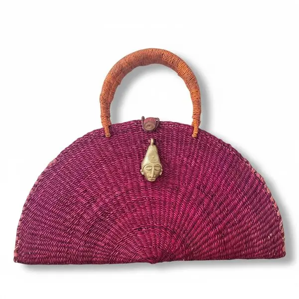 SOKONA Kusana Large Handwoven Bag – Deep Berry Red With Brass Mask Charm - Pink
