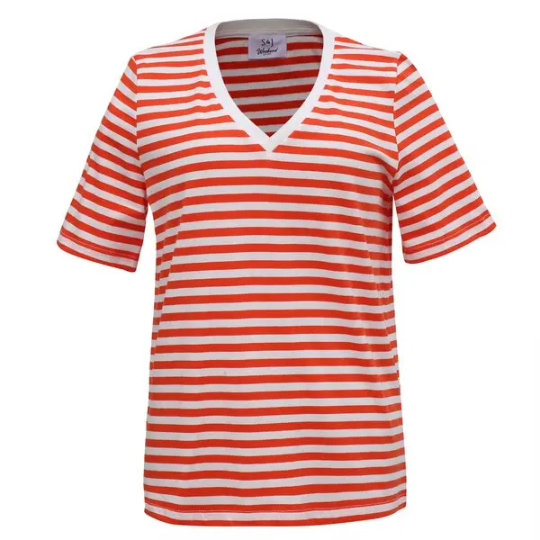 SMART AND JOY V Neck Stripes Cotton T-shirt Coral & White - Red