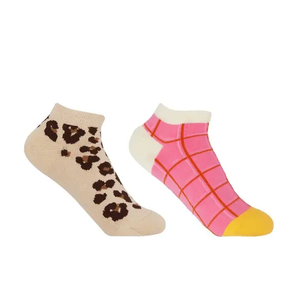 PEPER HAROW - MADE IN ENGLAND Grid Pink & Leopard Brown Trainer Socks Bundle - Brown/pink