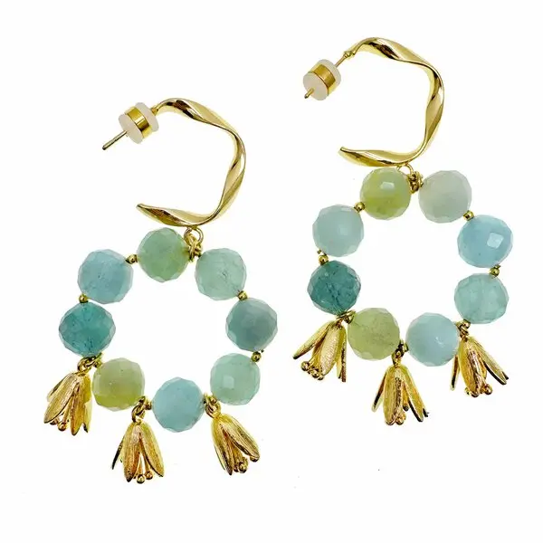 FARRA Bohemia Style Aquamarine With Flower Charms Earrings - Blue