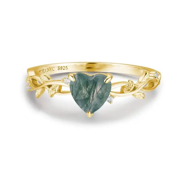 AZURA JEWELRY NEW YORK Everlasting Heart Moss Agate Ring Yellow Vermeil - Gold