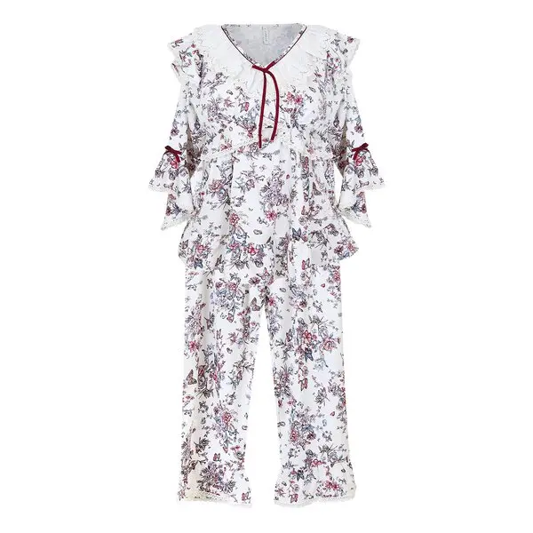 LUNALUZ Jardin Modal-cotton V-neck Pajama Set - Blue