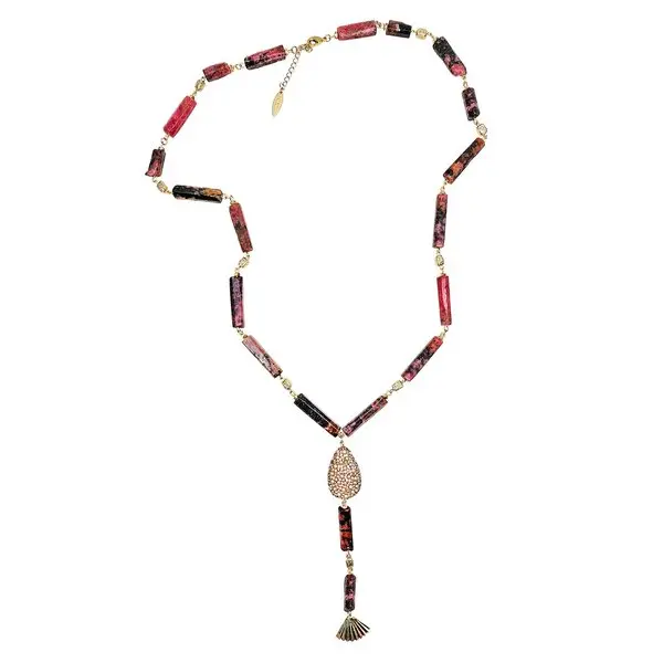 FARRA Elegant Y-shaped Rhodonite Necklace With Tassel Accents - Red