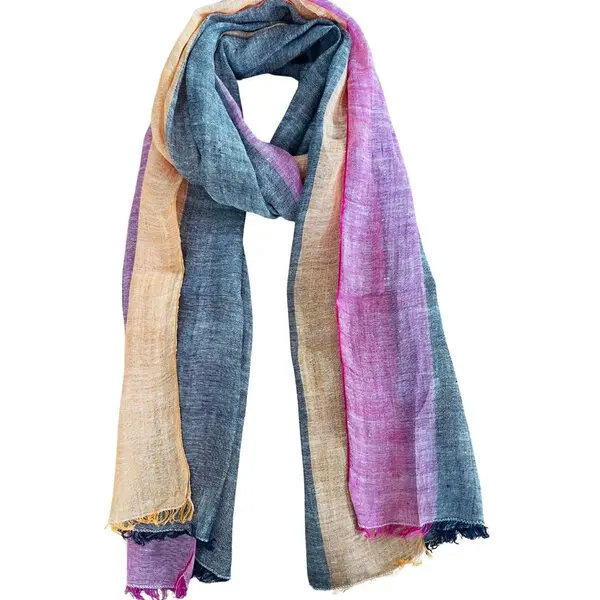 HERITAGEMODA Handmade Dusty Linen Scarf With Pink & Orange Border - Blue