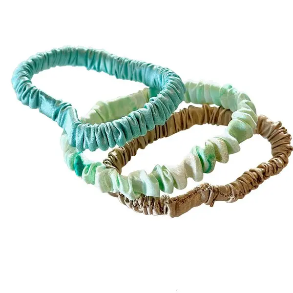 SOFT STROKES SILK Set Of Three Pure Mulberry Silk Skinny Scrunchies Weekly Special Hair Ties Retro Summer - Green