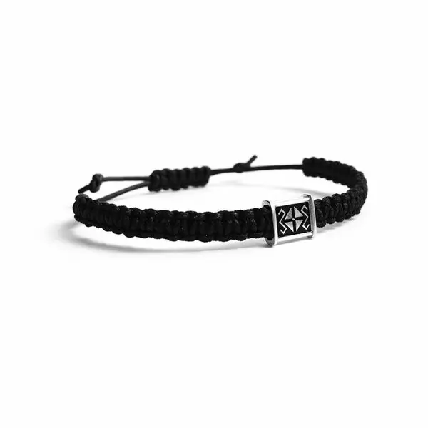 PEARL CODE Handcrafted Silver & Cord Bracelet – Symbolic Motif - Black