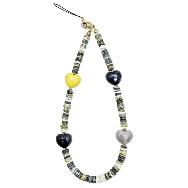 FARRA Black Shell With Ceramic Hearts Artistic Phone Strap - Grey