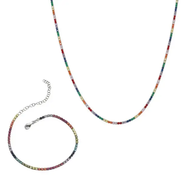 SPERO LONDON Rainbow Tennis Necklace & Bracelet Set Sterling Silver - Gray