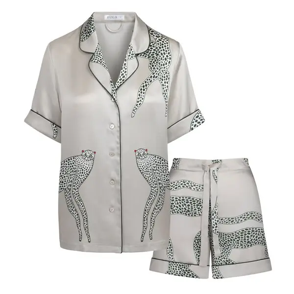 POLA Grey / Green / Red Grey Silk Short Pyjama Set Printed - Grey/green/red