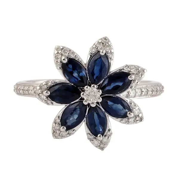 ARTISAN White / Blue Blue Sapphire & Diamond Floral Ring In 18k White Gold - White/blue