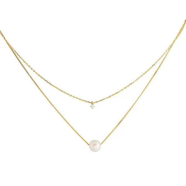 ESTERAH Layered Necklace With Pearl & Cubic Zirconia - Gold