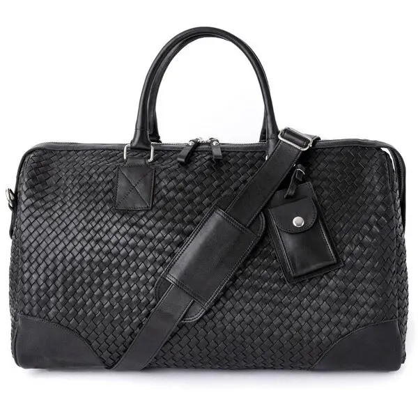 HIDES LEATHER CO. Handmade Woven Leather Duffle, Large Weekender Bag - Black