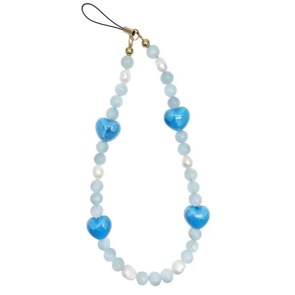 FARRA Aquamarine And Freshwater Pearls With Hearts Phone Strap - Blue