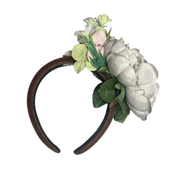 Natalia Petruch Brown / Grey Selene Honey Amber Velvet Flower Headband – Gray Faux Floral Statet Hair Accessory, Handmade - Brown/grey