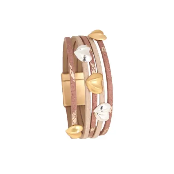 Saachi Textured Hearts Leather Bracelet - Brown