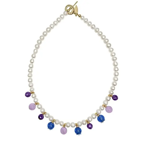 FARRA Freshwater Pearl With Blue Berry And Amethyst Drop Necklace - Purple