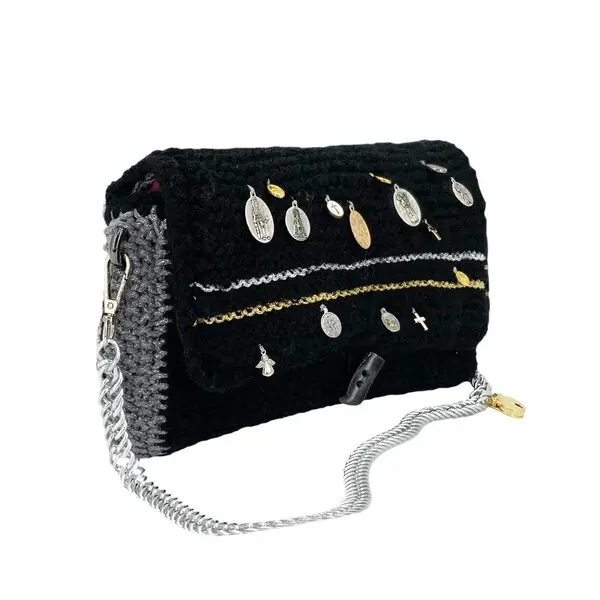 HILO DE MAR Black / Silver Queimada Hand Knitted Bag With Medals Black & Silver - Black/silver