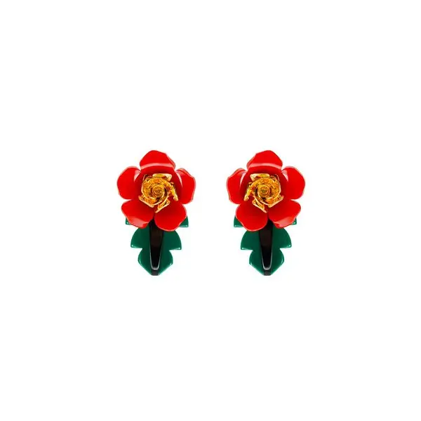 GISSA BICALHO Handmade Acrylic Earring Rose And Leaf S And Red - Black