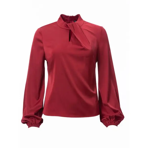 CARLOSLINES Draped Mock Neck Long Sleeve Shirt In Burgundy Solid - Red