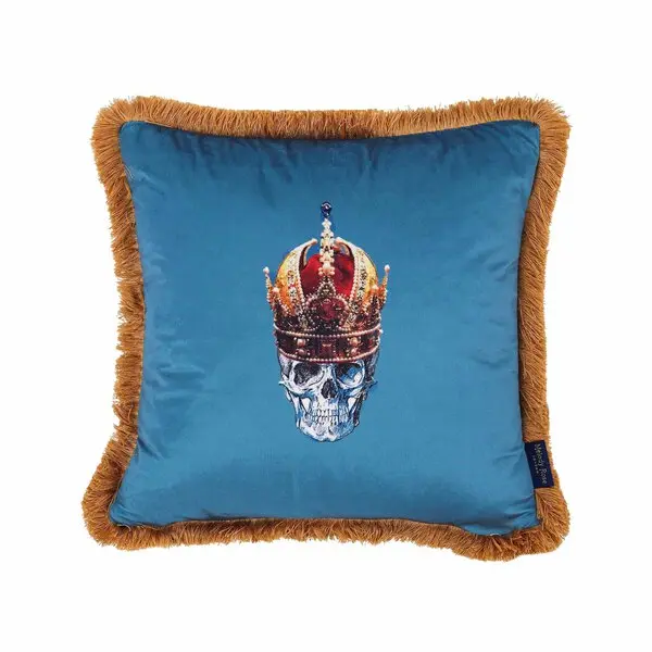 MELODY ROSE LONDON Skull In Crown Velvet Fringe Cushion - Blue