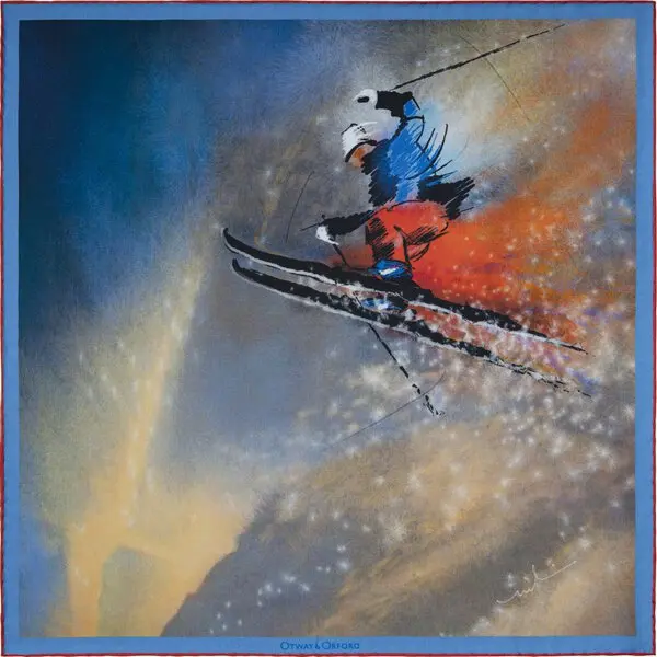 OTWAY & ORFORD Red / Blue 'the Jump' Skiing Silk Pocket Square. Full-size - Red/blue