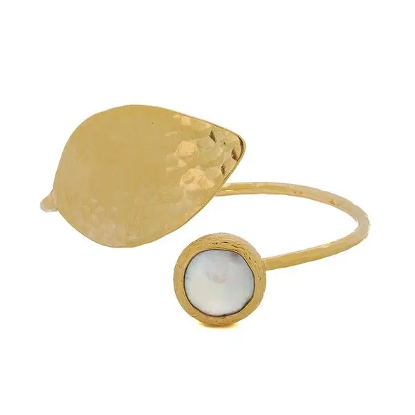 EBRU JEWELRY Cleopatra Leaf & Pearl Stone Cuff Bracelet - Gold