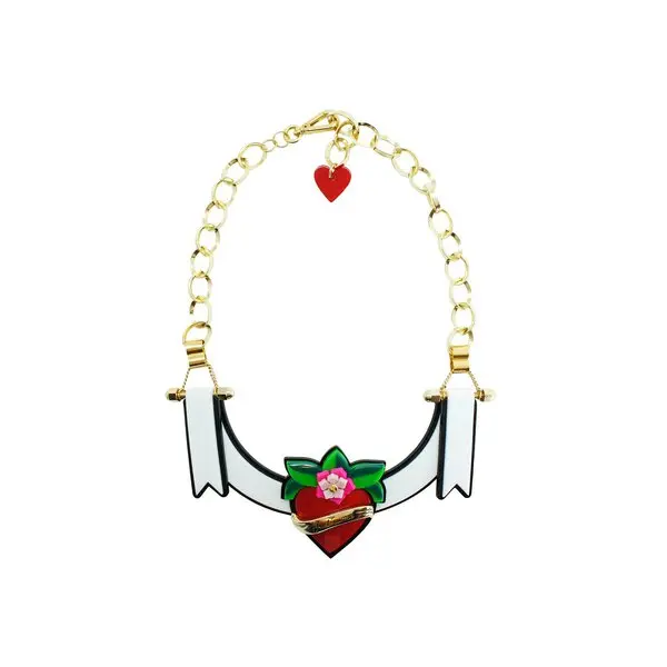 GISSA BICALHO Handmade Acrylic Necklace Ribbon & Heart - Red