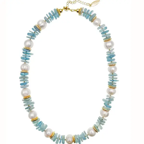 FARRA Blue / White Baroque Pearls With Aquamarine Stone Short Necklace - Blue/white