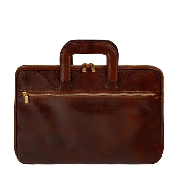 TIME RESISTANCE Leather Briefcase Laptop Bag Brave New World - Brown