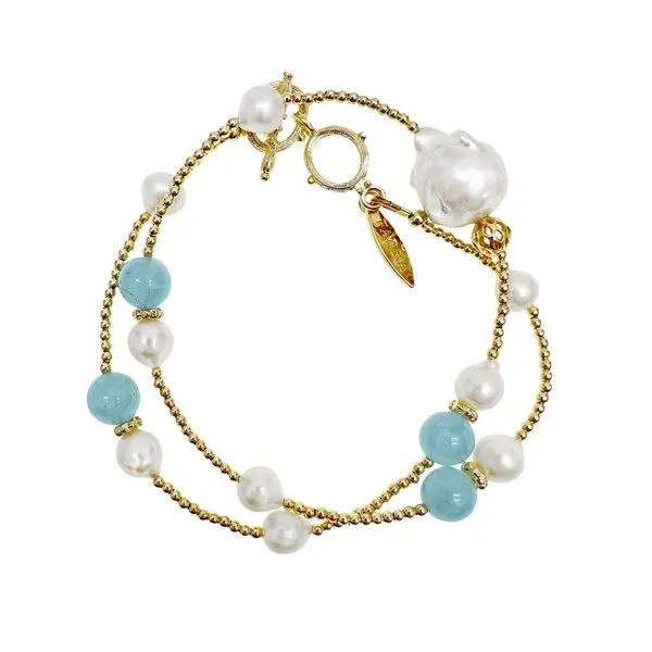 FARRA Aquamarine With Baroque Pearls Double Layer Bracelet Or Choker - Blue