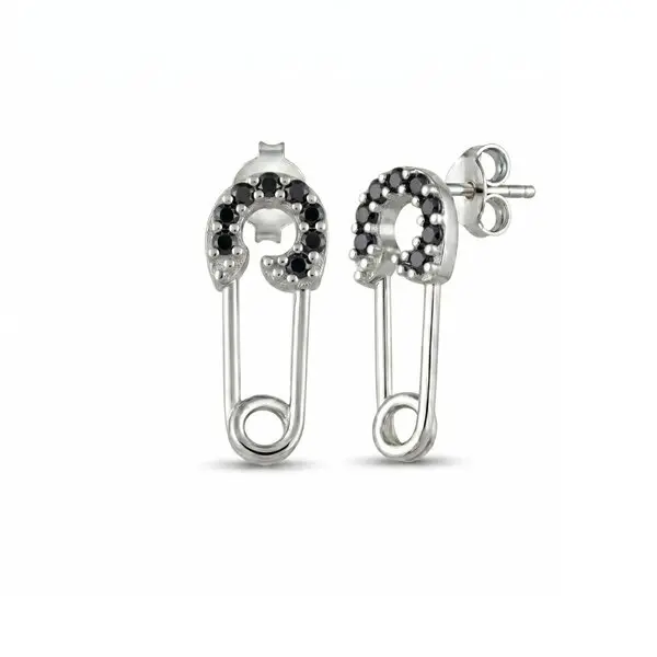 SPERO LONDON Silver / Black Sterling Silver Black Jewelled Mini Safety Pin Stud Earrings Silver - Silver/black