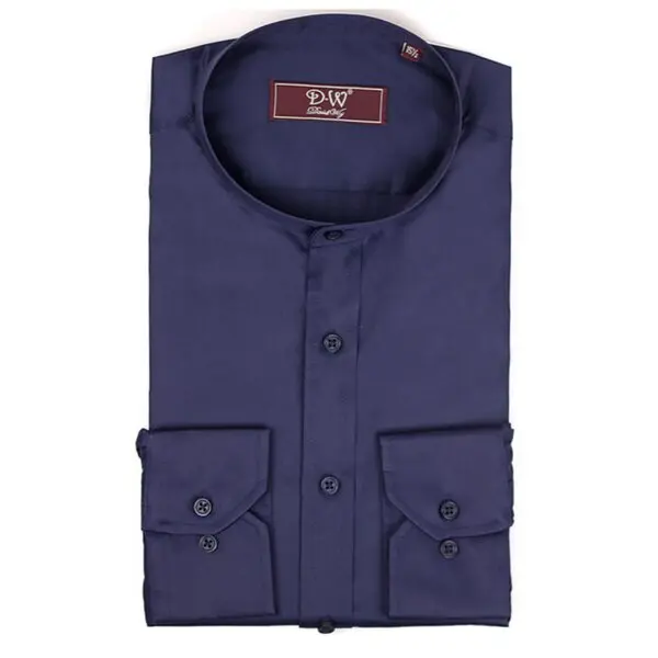 DAVID WEJ Mandarin Button Cuff Poplin Shirt Navy - Blue