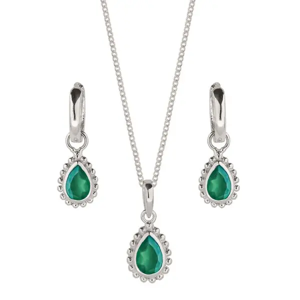 CHARLOTTE'S WEB JEWELLERY Silver / Green May Birthstone Sterling Silver Necklace And Earring Set Green Onyx - Silver/green