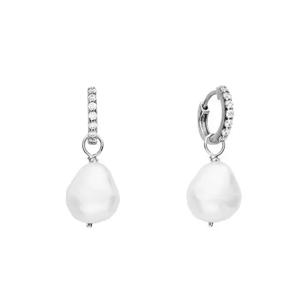 LILY & ROO Small Sterling Diamond Huggie Pearl Drop Earrings - Silver