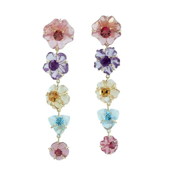 ARTISAN Mixed Gemstone Carved Flower Drop Earrings In 14k Gold - Yellow