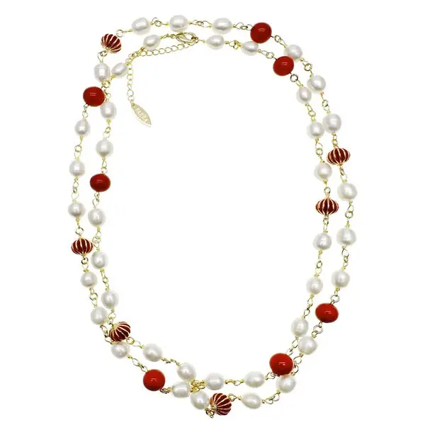 FARRA Coral And Freshwater Pearls With Chinese Lantern Station Necklace - Red