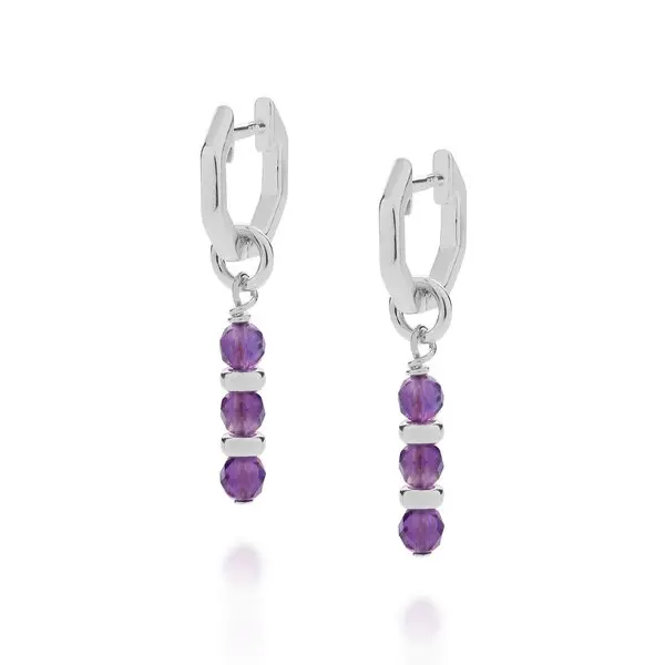NELLOU JEWELLERY Linear Huggie Birthstone Earrings February Sterling Amethyst - Silver