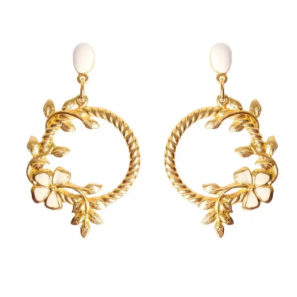 CARAMEL VINTAGE JEWELLERY Cream Flower Hoop Earrings - Gold