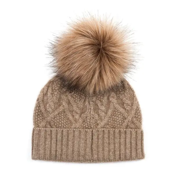 BEL CASHMERE Cable Cashmere Hat Organic With Pon Pon - Brown