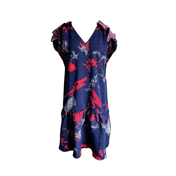 ARTO. Floral Flared Fit Gartherd Shoulder Dress Navy - Blue