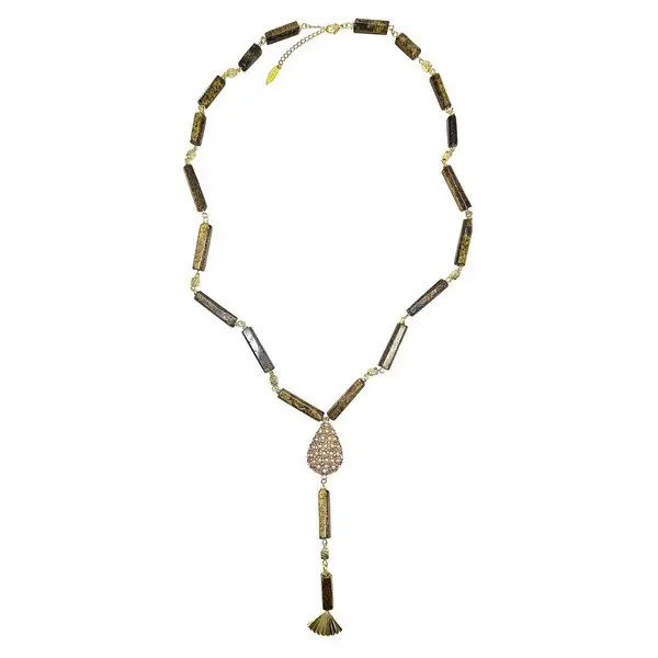 FARRA Y Shaped Tiger-eye Stone With Rhinestone Tassel Lariat Necklace - Brown